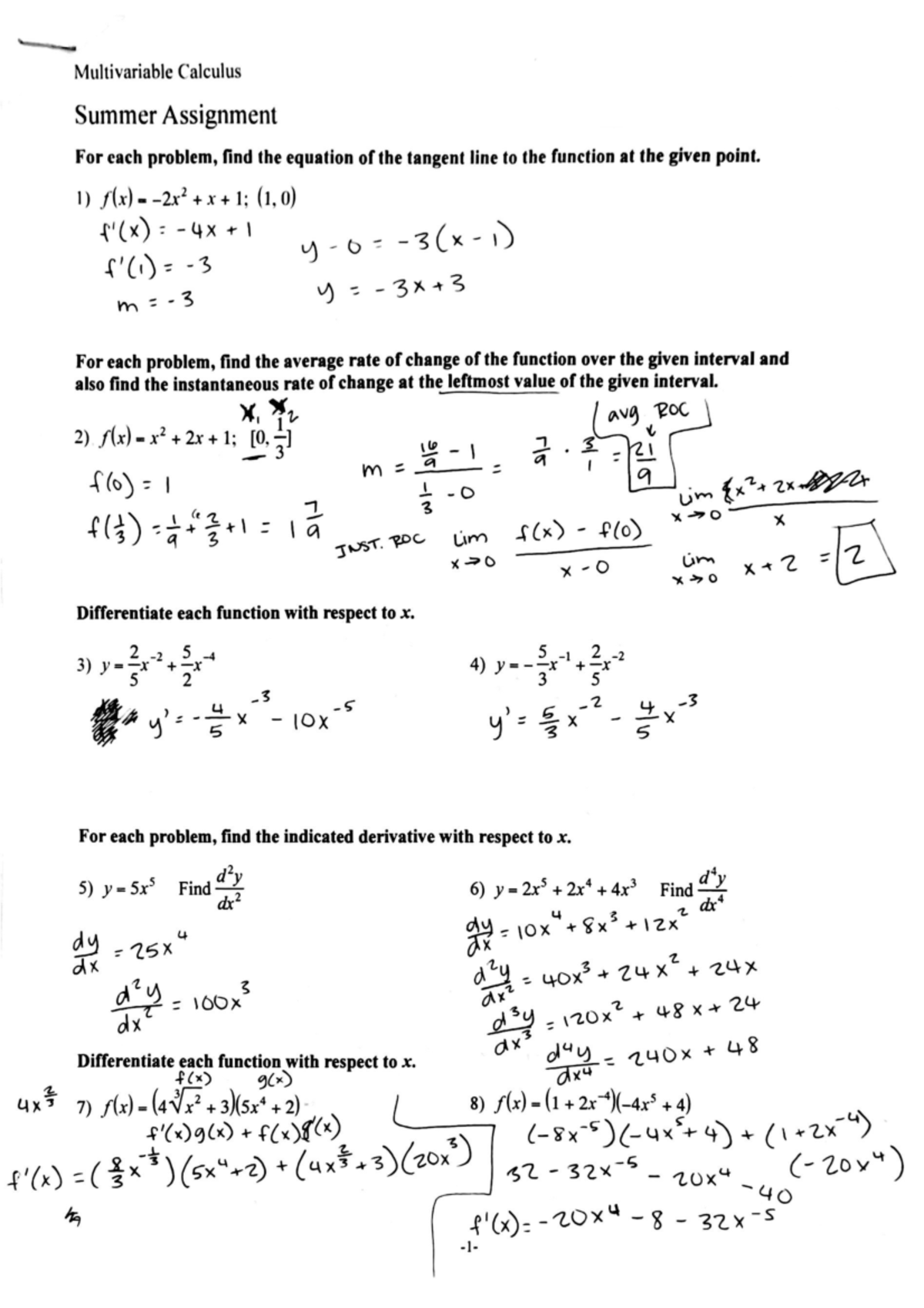 Multivariablesummer - Multivariable Summer Assignment - Reviewing Calculus - Studocu