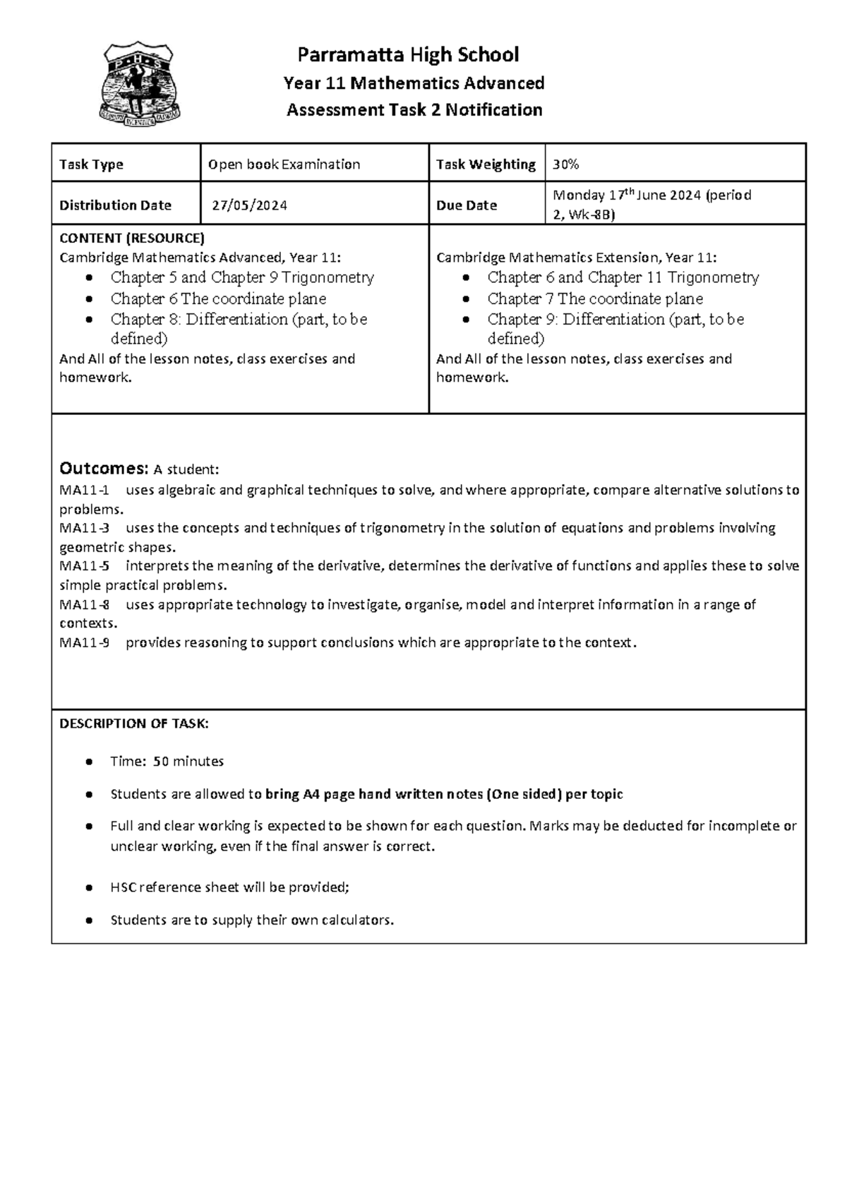 Y11 AN Advanced T2 2024 Open book task - Parramatta High School Year 11 ...