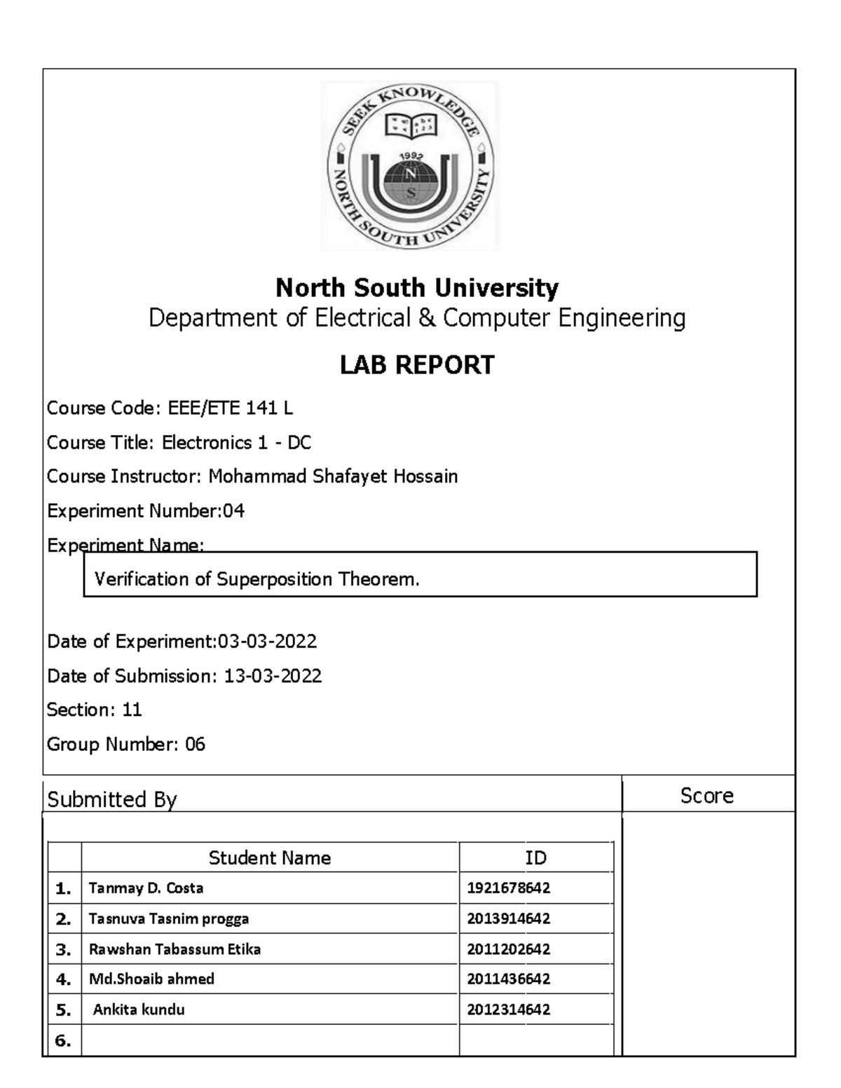 Lab4 Group 6 - for eee111 - North South University Department of ...