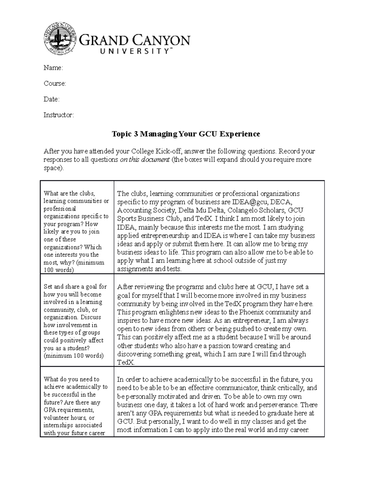 University Success 103 GCU Experience - Name: Course: Date: Instructor ...