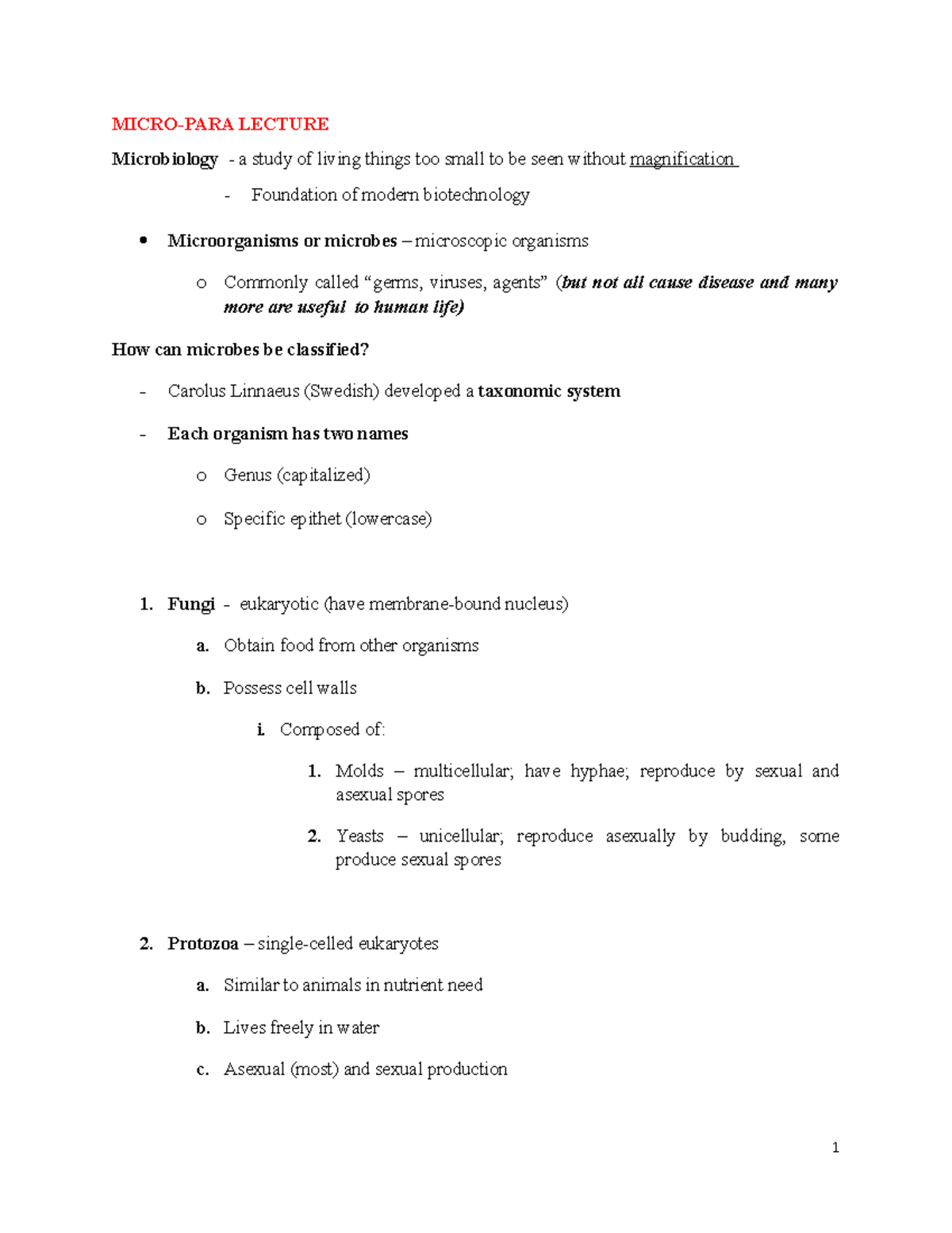 Micro - MICRO-PARA LECTURE Microbiology - a study of living things too ...
