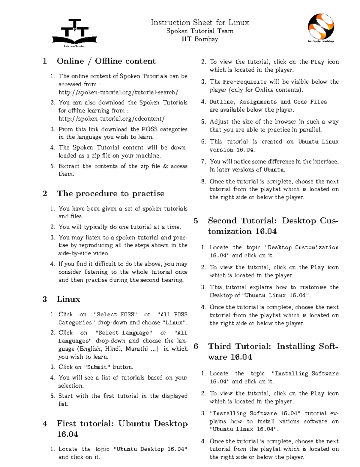 Linux Instruction Sheet English - Instruction Sheet for Linux Spoken Tutorial Team IIT Bombay 1 ...