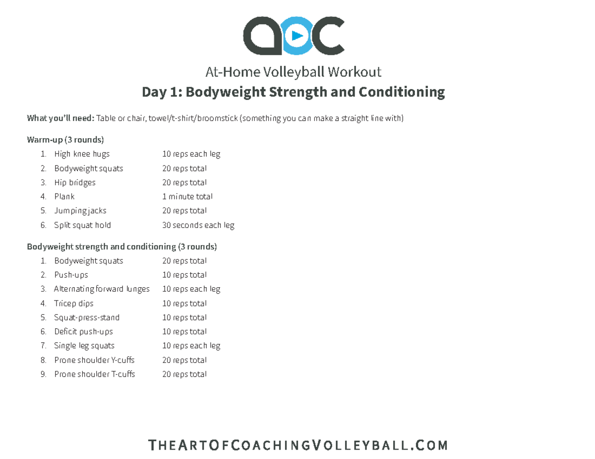 Workout-Day-1 - PLAN - At-Home Volleyball Workout Day 1: Bodyweight ...