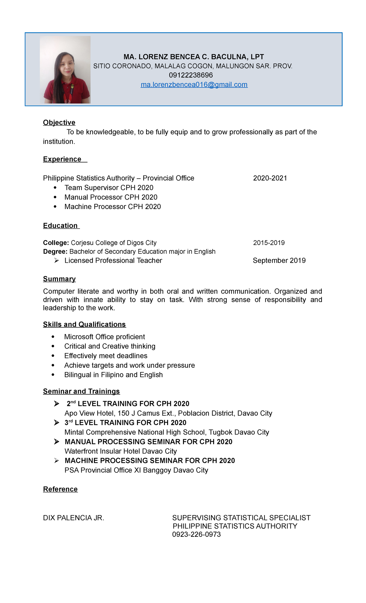 Resume - narative report - MA. LORENZ BENCEA C. BACULNA, LPT SITIO ...