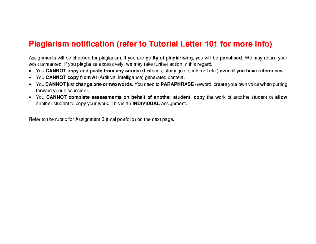 MNM3714 Rubric Assignment 3 - Plagiarism notification (refer to ...