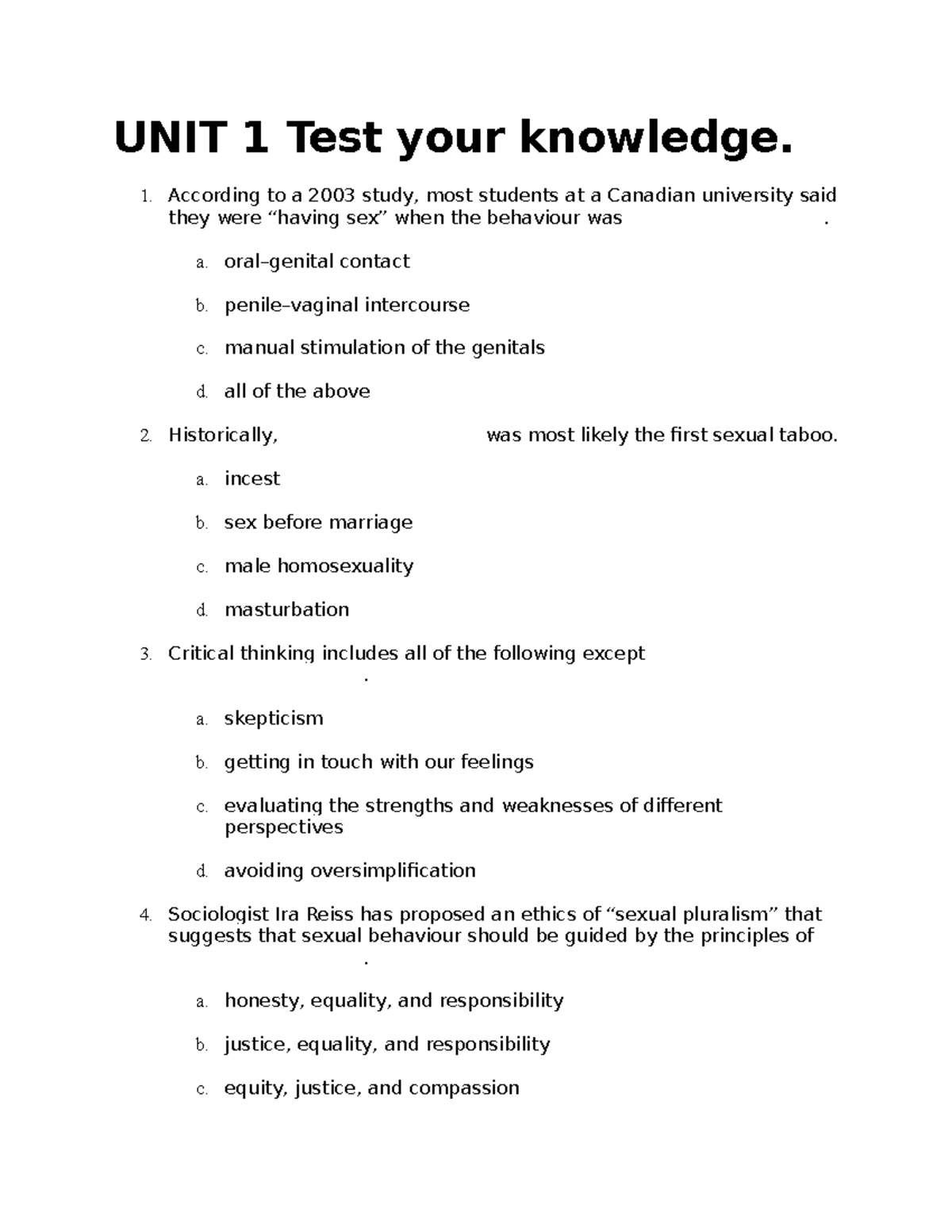 BIO 310 Exam 1 TYL from test book Unit 1-8 - UNIT 1 Test your knowledge ...