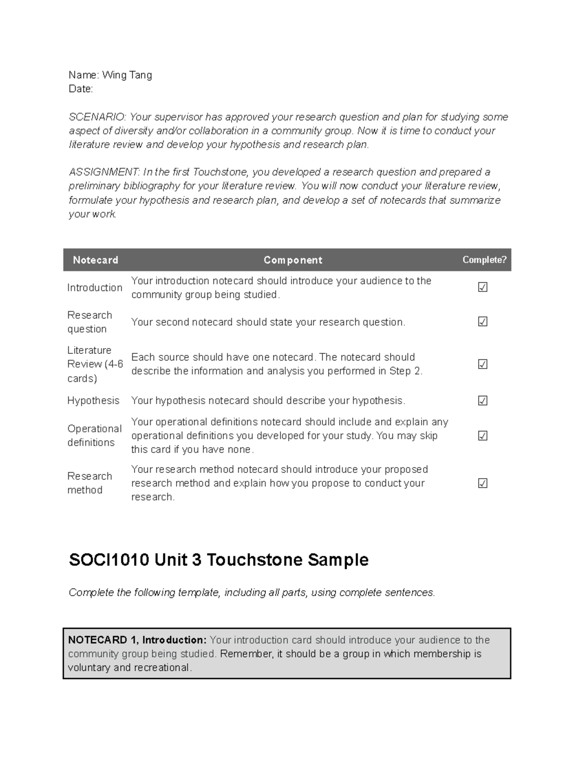 Wing Tang SOCI1010 Touchstone 3 - Name: Wing Tang Date: SCENARIO: Your ...