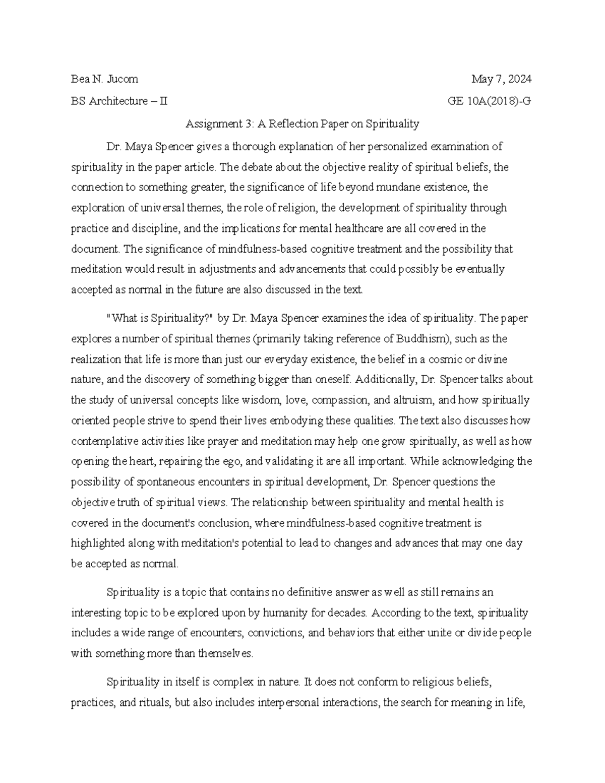 A Reflection Paper on Spirituality - Bea N. Jucom May 7, 2024 BS ...