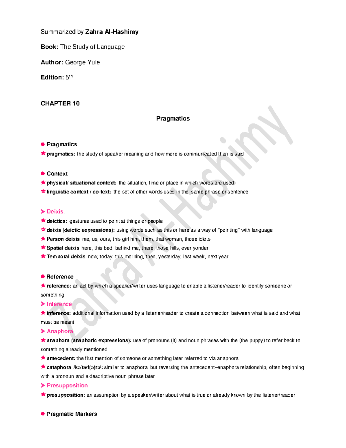 10 Pragmatics (Yule) - Book: The Study of Language Author: George Yule Edition: 5th - Studocu