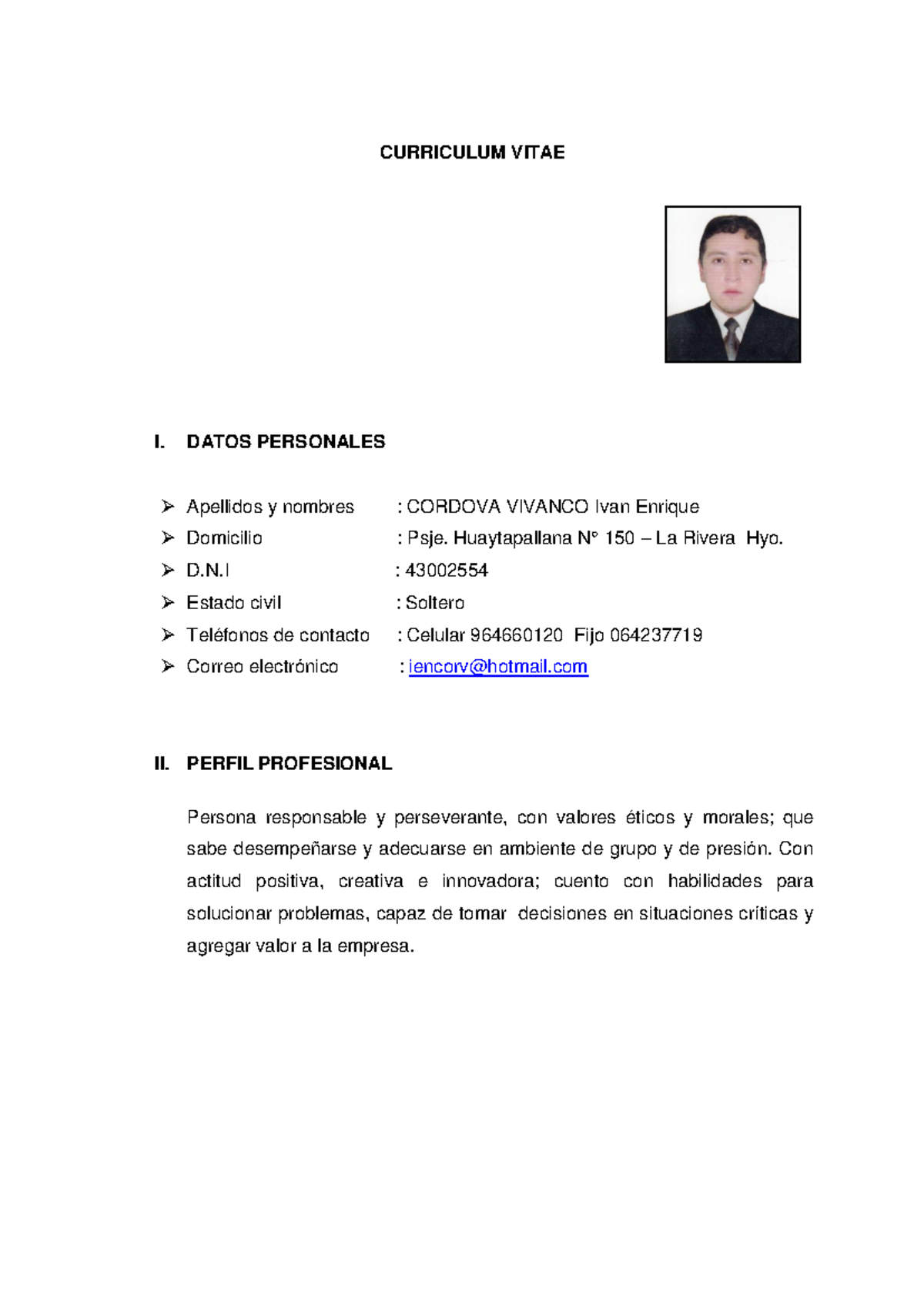 C V-IVAN Cordova Vivanco - CURRICULUM VITAE I. DATOS PERSONALES ...