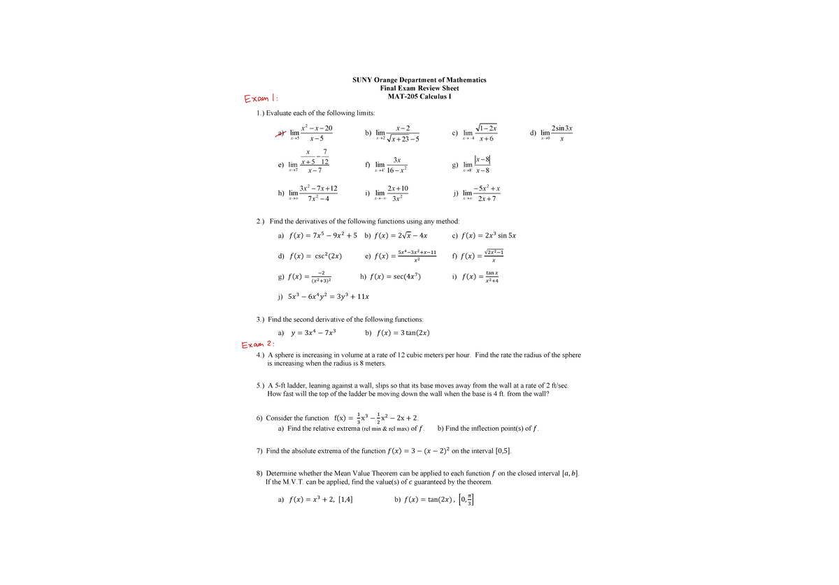 Final Exam Questions for Cal 1 Spring 23 - SUNY Orange Department of ...