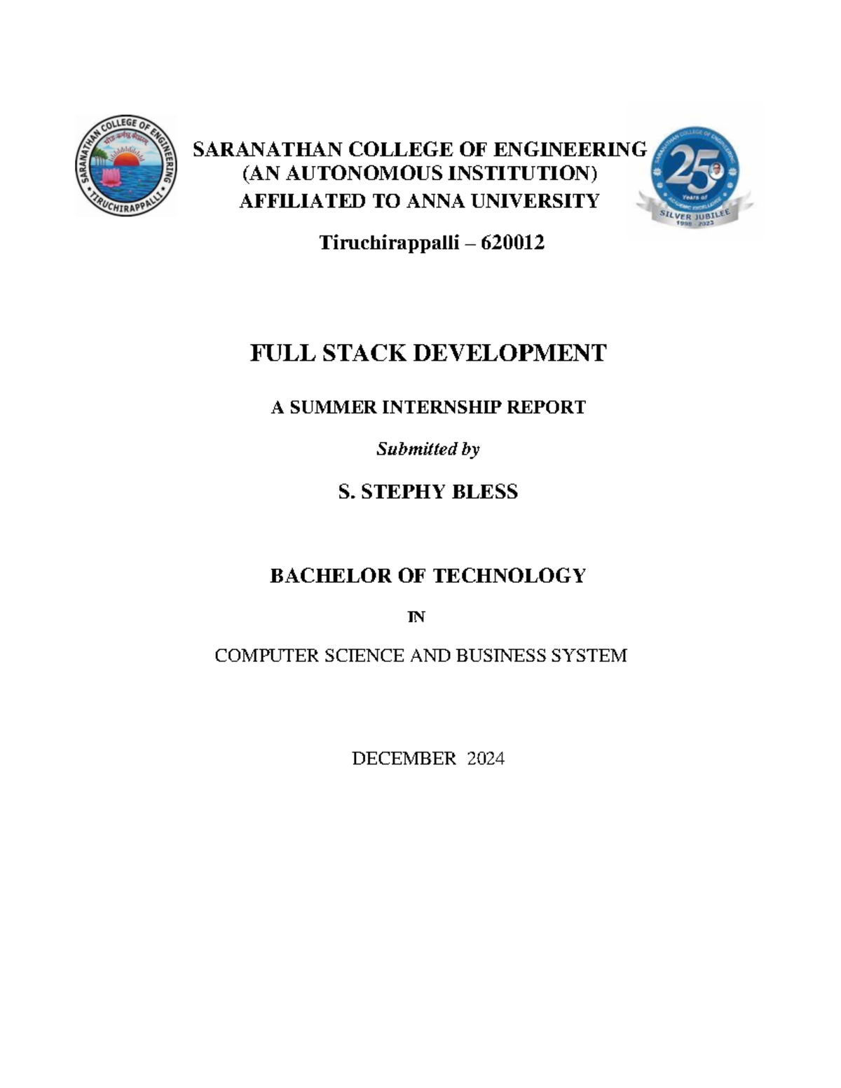 Intern doc format - SARANATHAN COLLEGE OF ENGINEERING (AN AUTONOMOUS ...