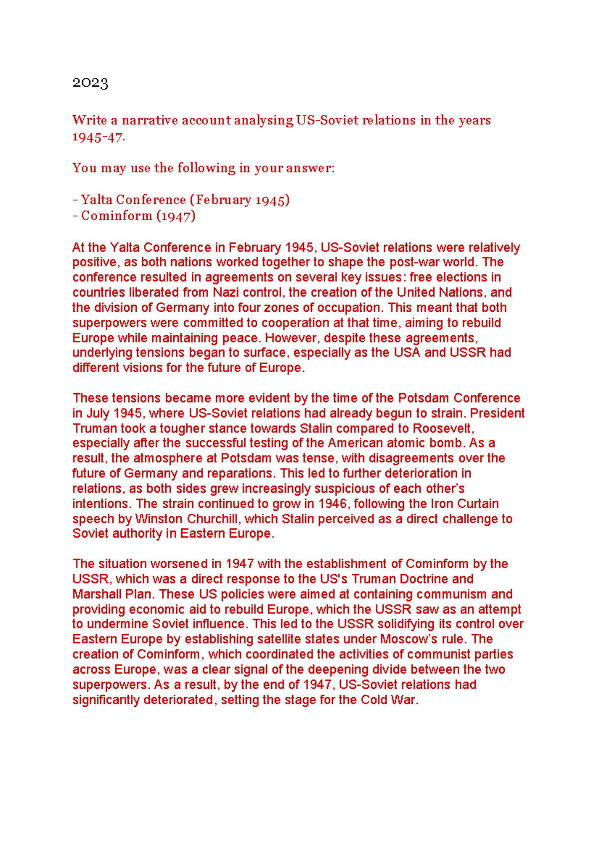 History model answer 1 - 2023 Write a narrative account analysing US ...