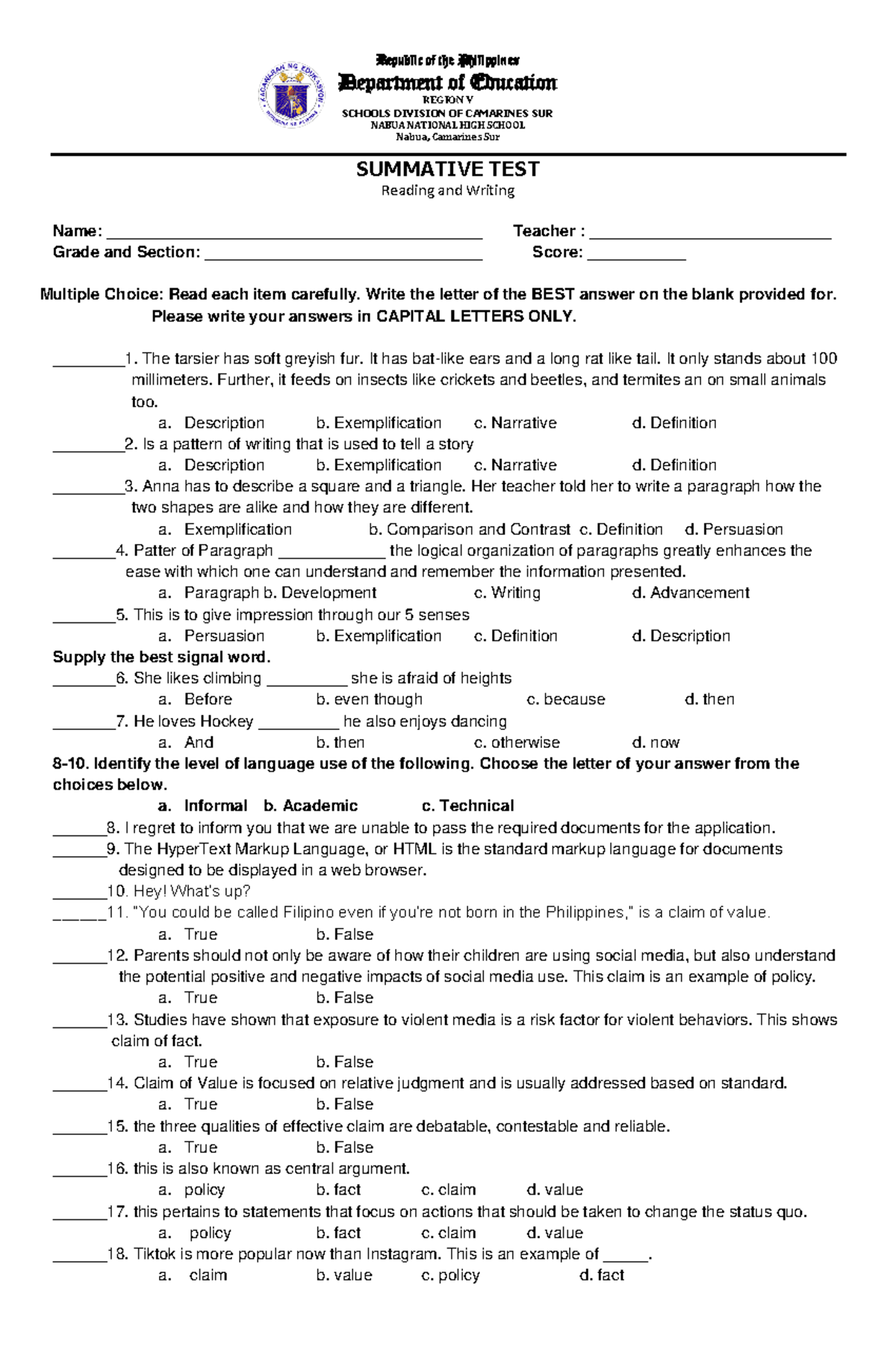 3rd Quarter Summative TEST Reading and Writing - Republic of the ...