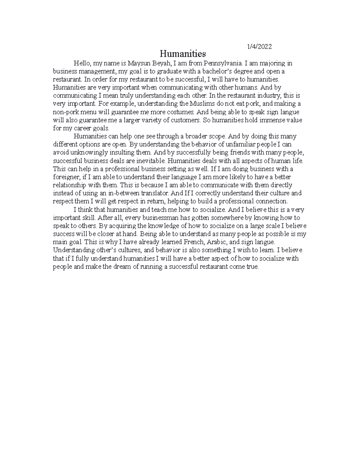 Understanding Humanities 100 - 1/4/ Humanities Hello, my name is Maysun ...