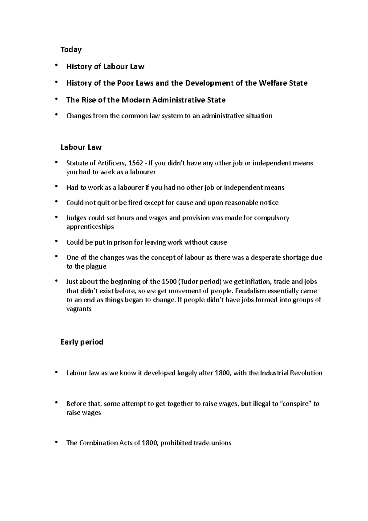 Lecture 8 - N/A - Today History of Labour Law History of the Poor Laws ...