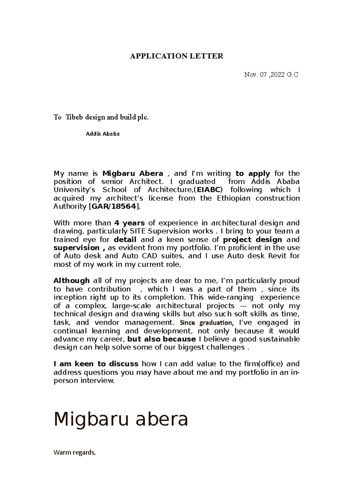 Tibeb design and build - Mainly fuck you - APPLICATION LETTER Nov. 07 ...