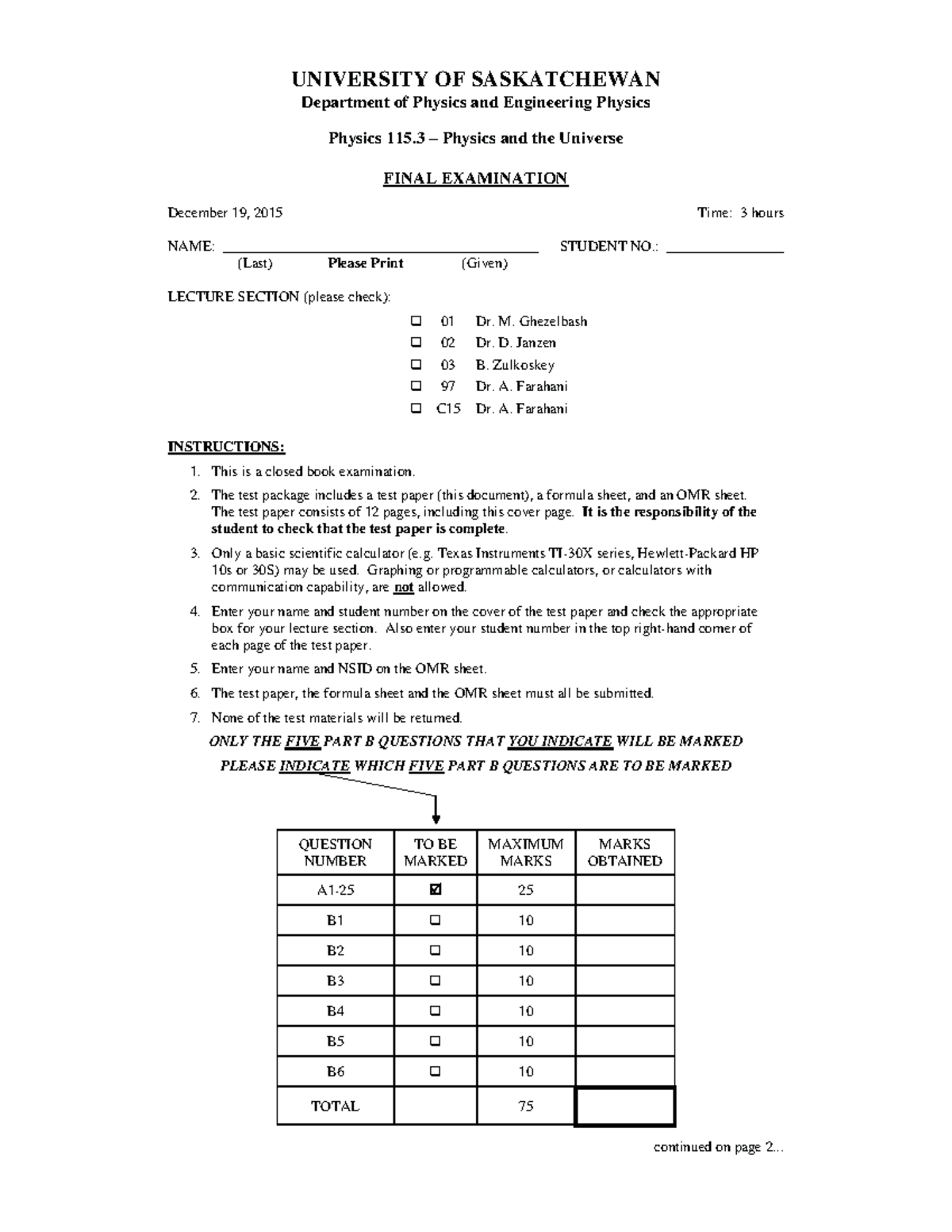 PHYS 115 2015 Final Exam scaled - UNIVERSITY OF SASKATCHEWAN Department ...