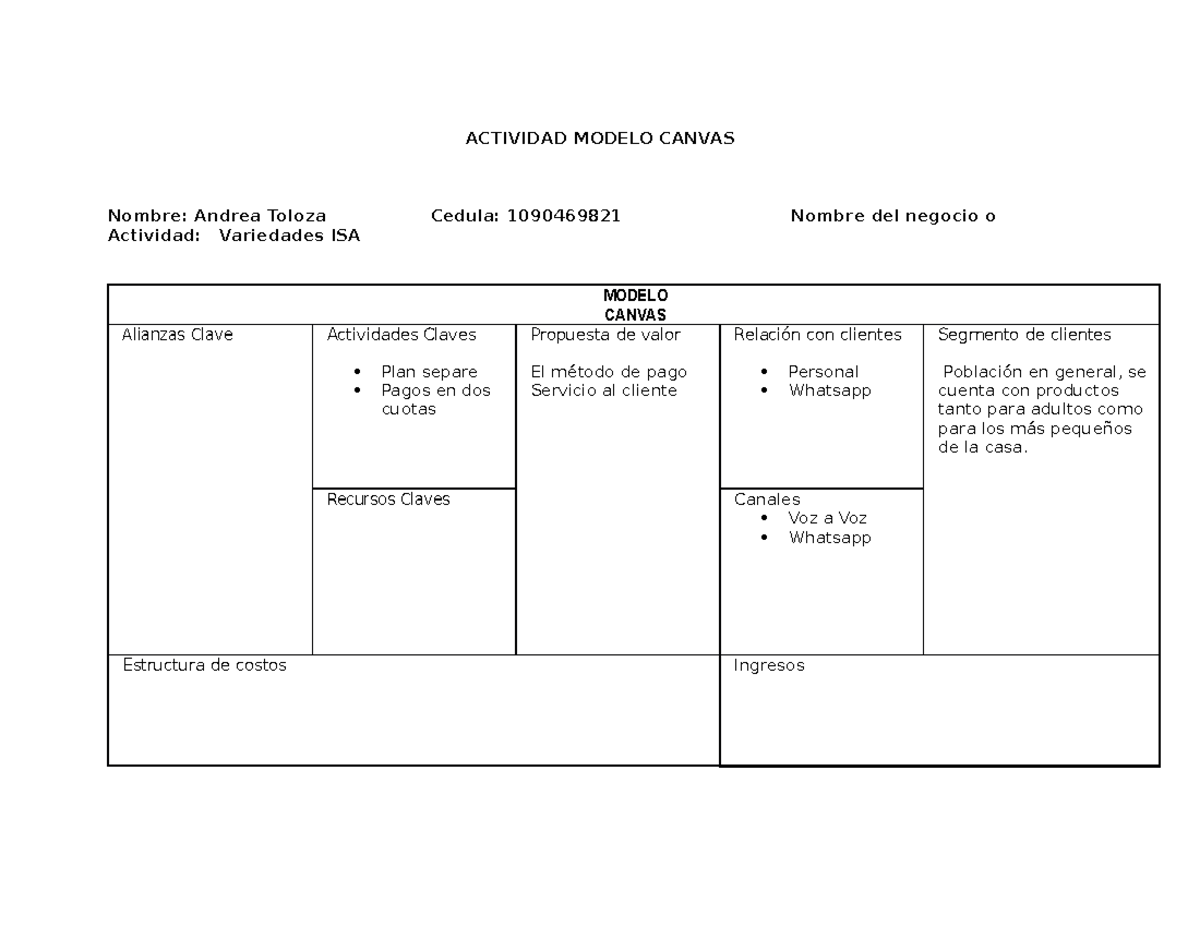 Actividad Modelo Canvas-1 - ACTIVIDAD MODELO CANVAS Nombre: Andrea ...