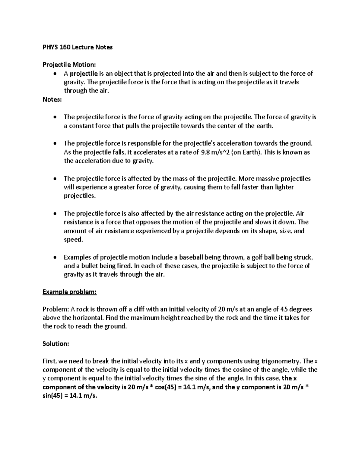 Projectile force and motion notes - PHYS 160 Lecture Notes Projectile ...