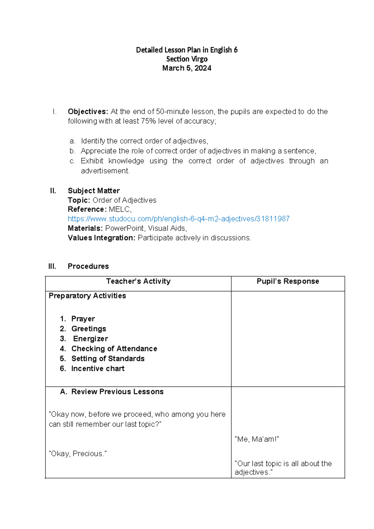 Order of Adjectives English 6 - Detailed Lesson Plan in English 6 ...