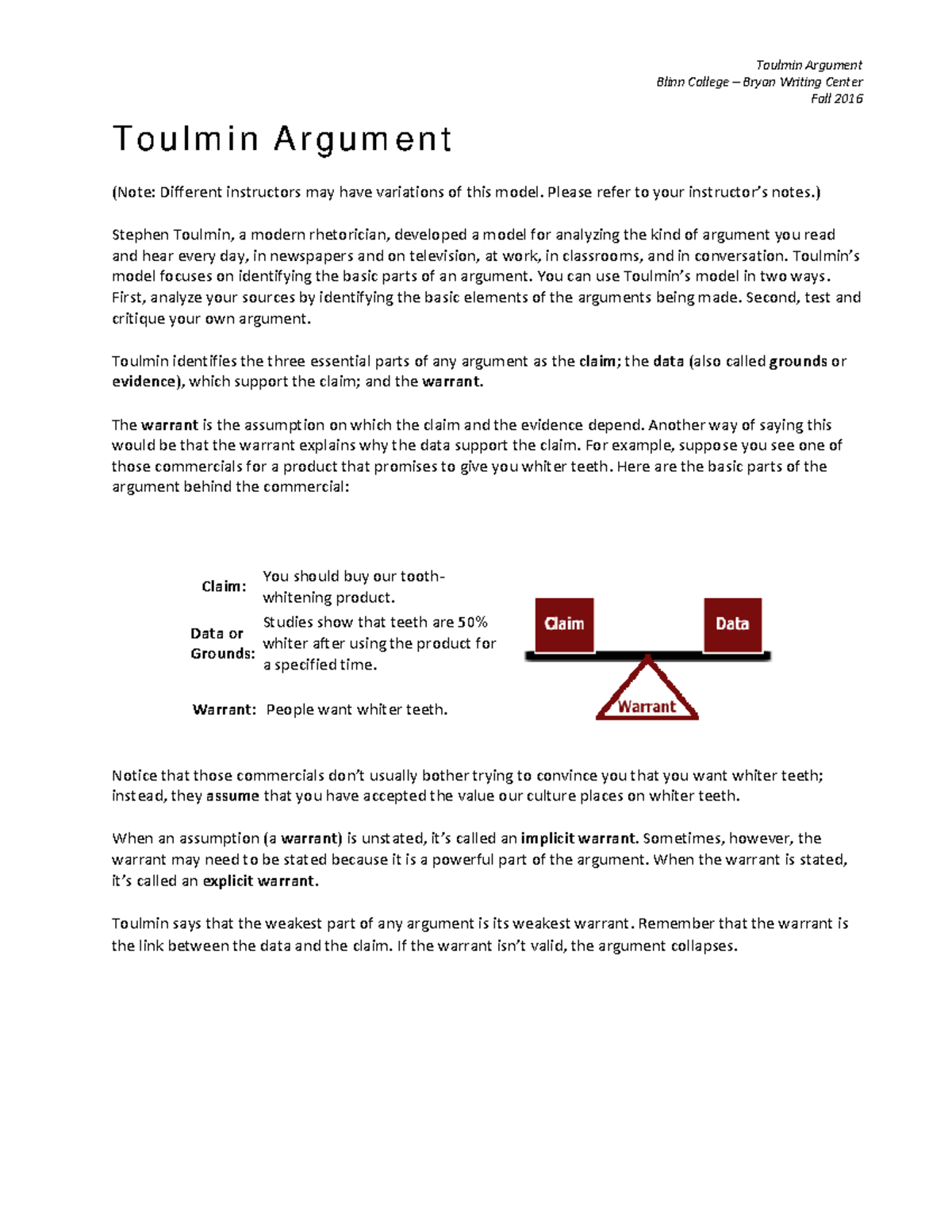 Toulmin Argument Toulmin Argument Summary Toulmin Argument Blinn