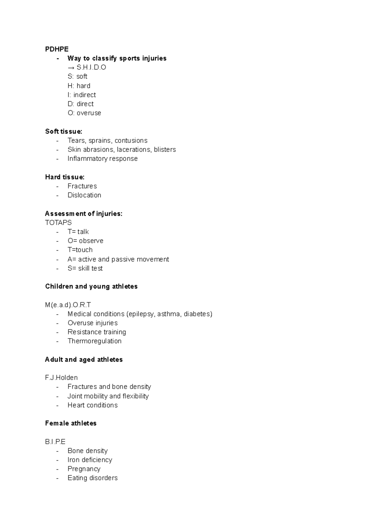 Syllabus drills - PDHPE - PDHPE Way to classify sports injuries → S.H.I ...