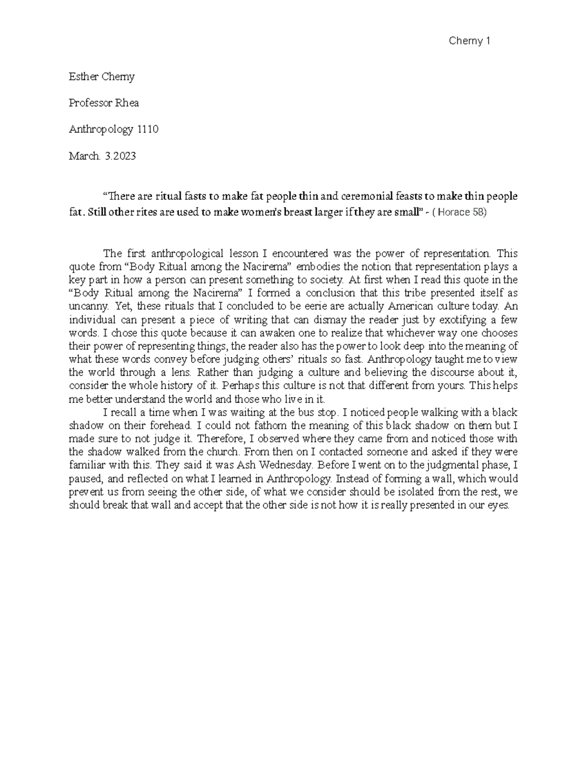 Anthropology writing asssignment 1 - Cherny 1 Esther Cherny Professor ...