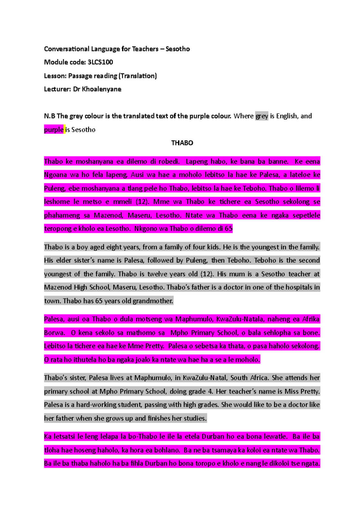 Reading passage translation - Conversational Language for Teachers – Sesotho Module code: 3LCS ...