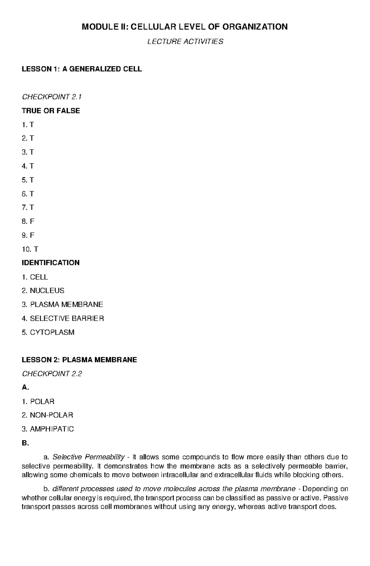 Dela Cruz, Virgilio Module 2 Lecture Activity - MODULE II: CELLULAR LEVEL OF ORGANIZATION ...