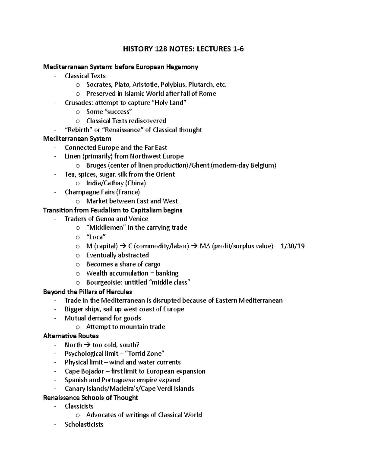 History 128 Notes ch. 1 - HISTORY 128 NOTES: LECTURES 1- Mediterranean ...