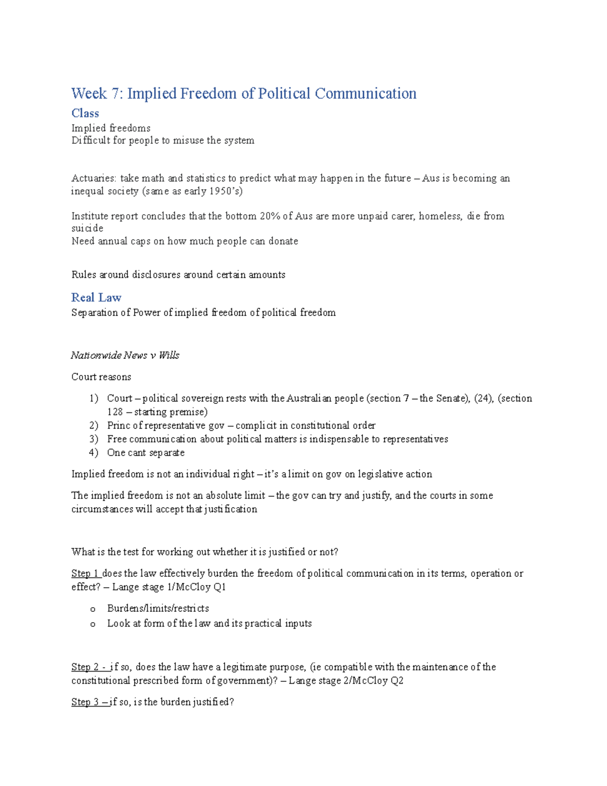 Implied freedom of political communication - Week 7: Implied Freedom of ...