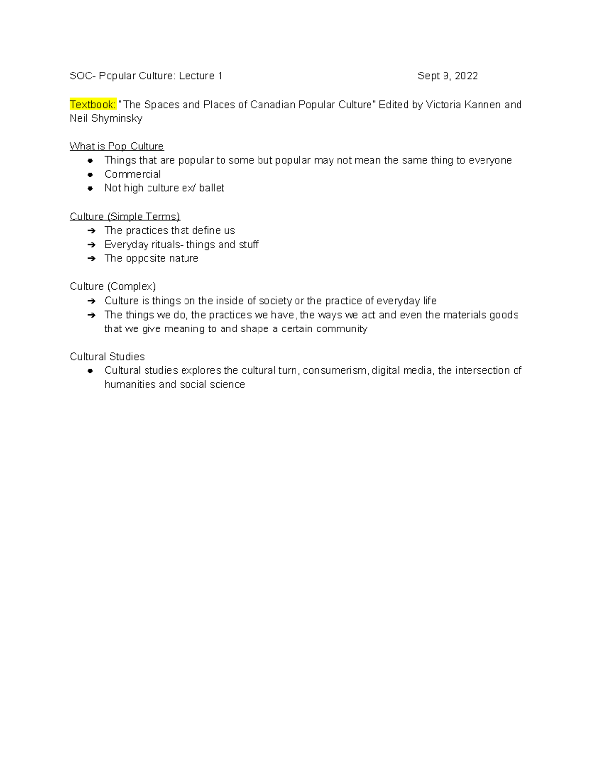 SOC 202 Lecture 1 - SOC- Popular Culture: Lecture 1 Sept 9, 2022 ...