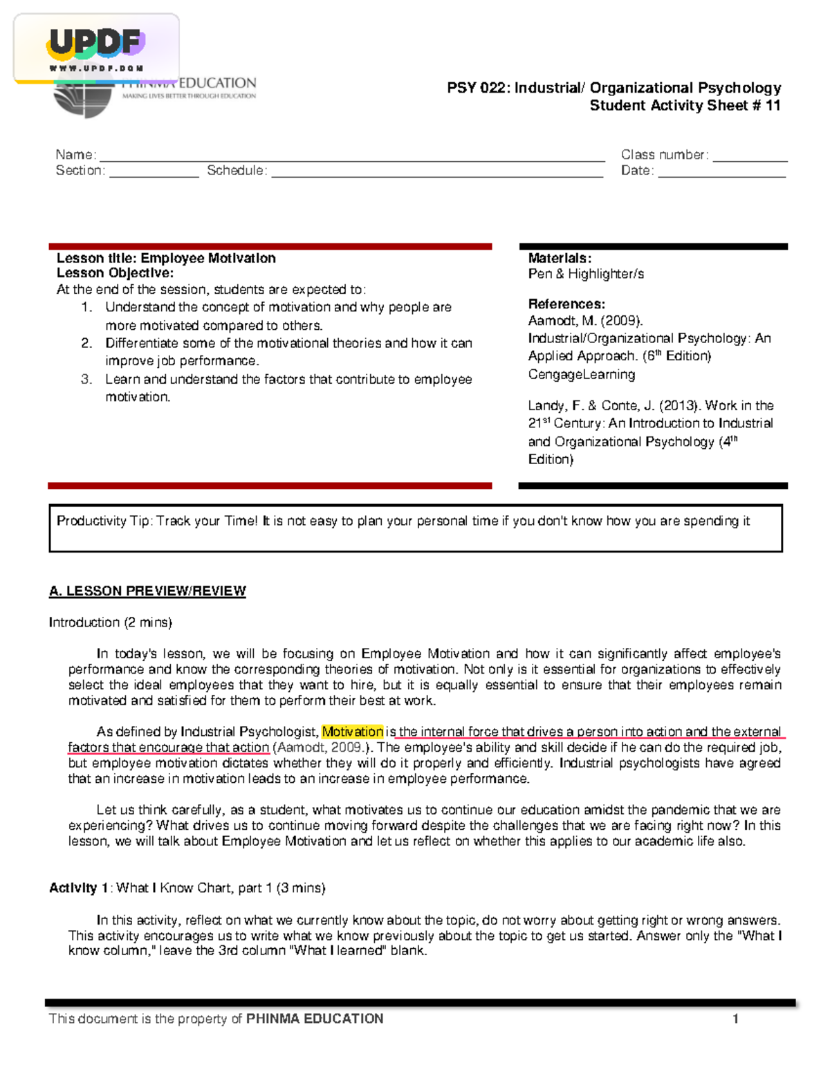 SAS Industrial Psychology Lesson 11 - Student Activity Sheet # 11 Name ...