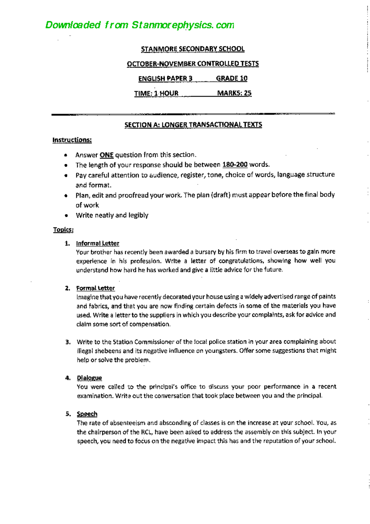 English Grade 10 Nov 2020 P3 - Downloaded from Stanmorephysics - Studocu