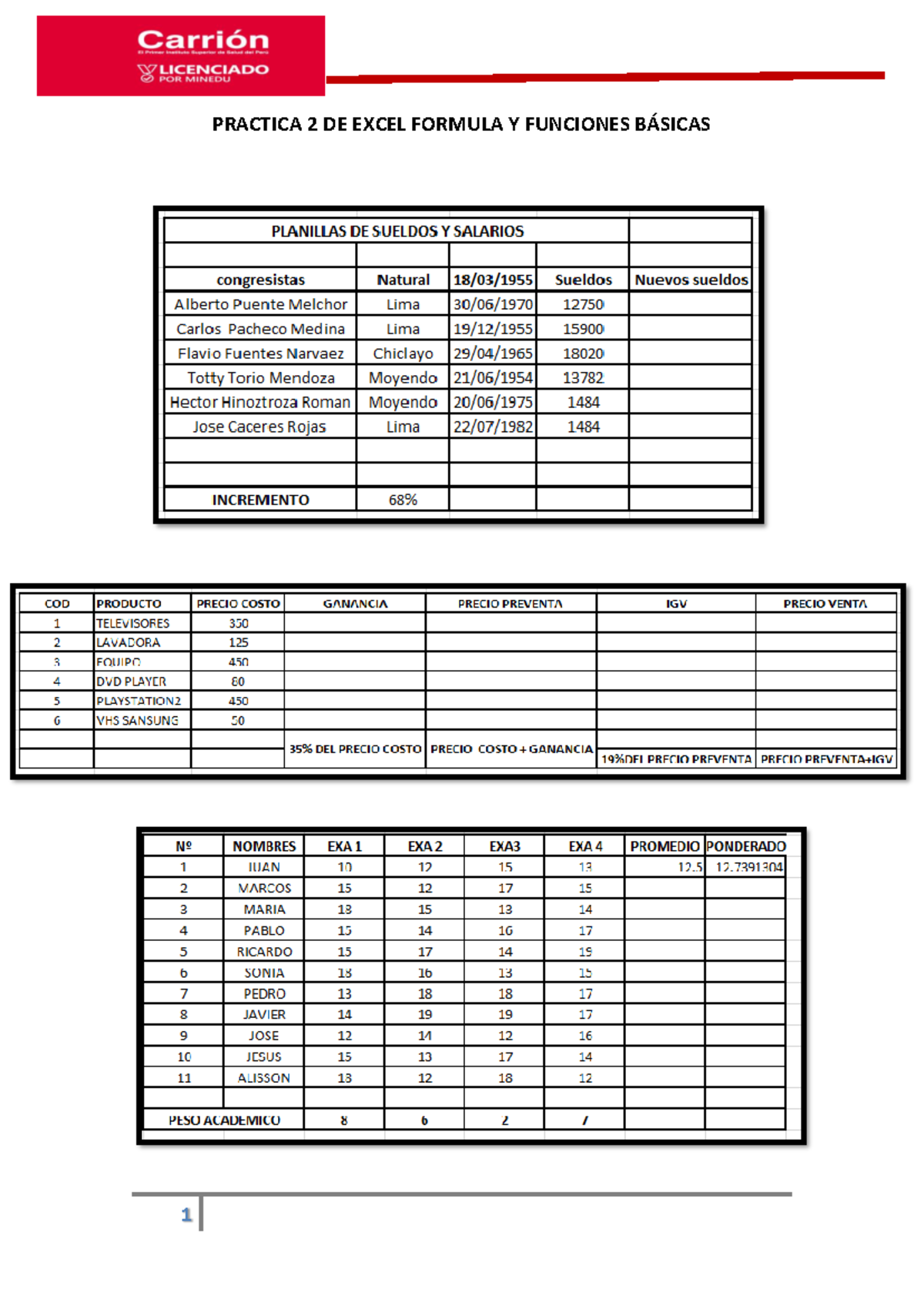 Practica 2 DE Excel Formula Y Funciones - ofimática - 1 PRACTICA 2 DE EXCEL FORMULA Y FUNCIONES ...