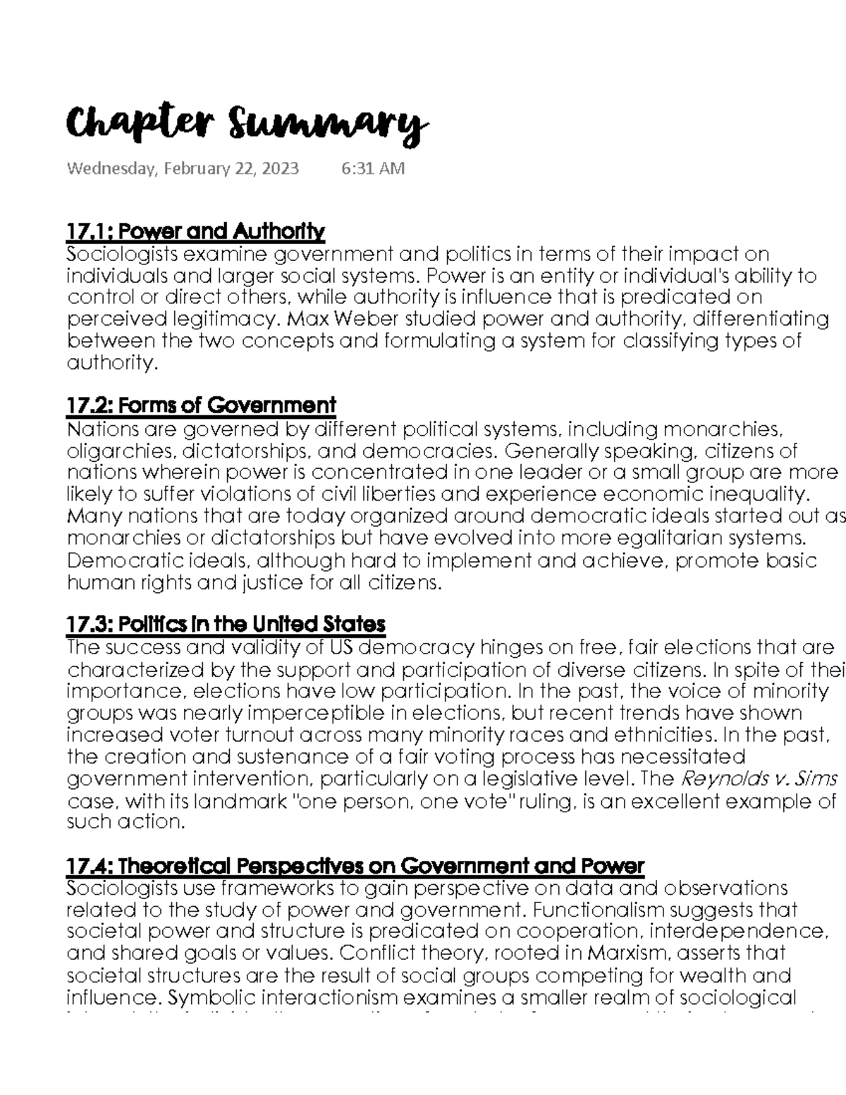 Chapter Summary copy - 1 : Power and Authority Sociologists examine ...
