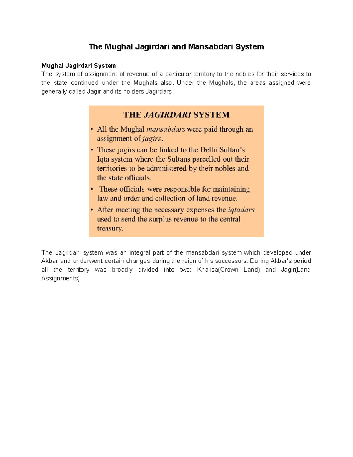 Mughal Jagirdari and Mansabdari System - Under the Mughals, the areas ...