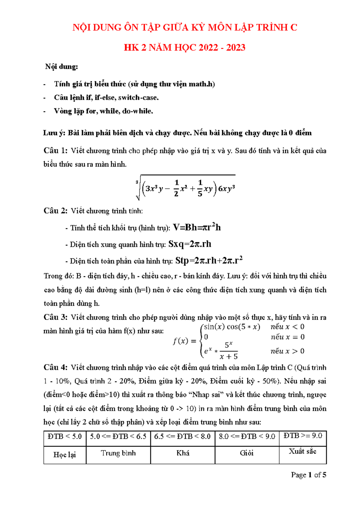 On Tap LTC GK HK2 2223 - NỘI DUNG ÔN TẬP GIỮA KỲ MÔN LẬP TRÌNH C HK 2 ...