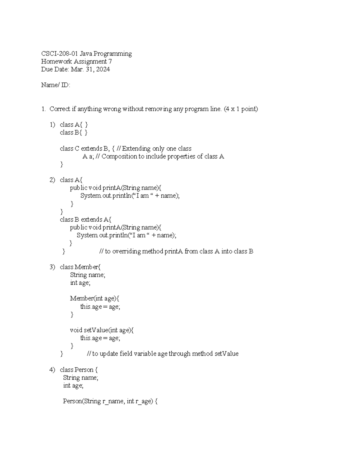 Hw 7 Codes Csci 208 01 Java Programming Homework Assignment 7 Due 8826