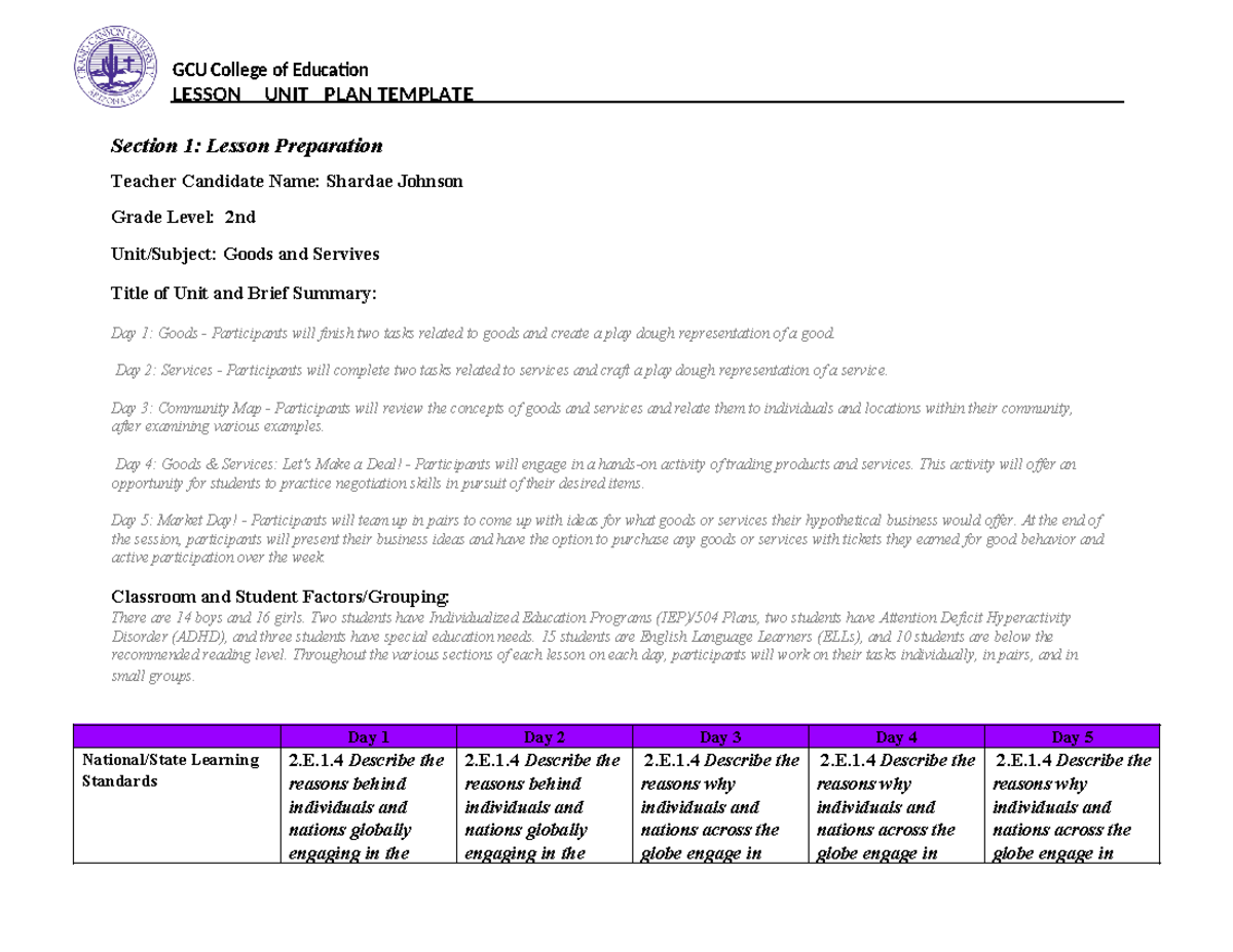 unit plan template 5 day - Section 1: Lesson Preparation Teacher ...