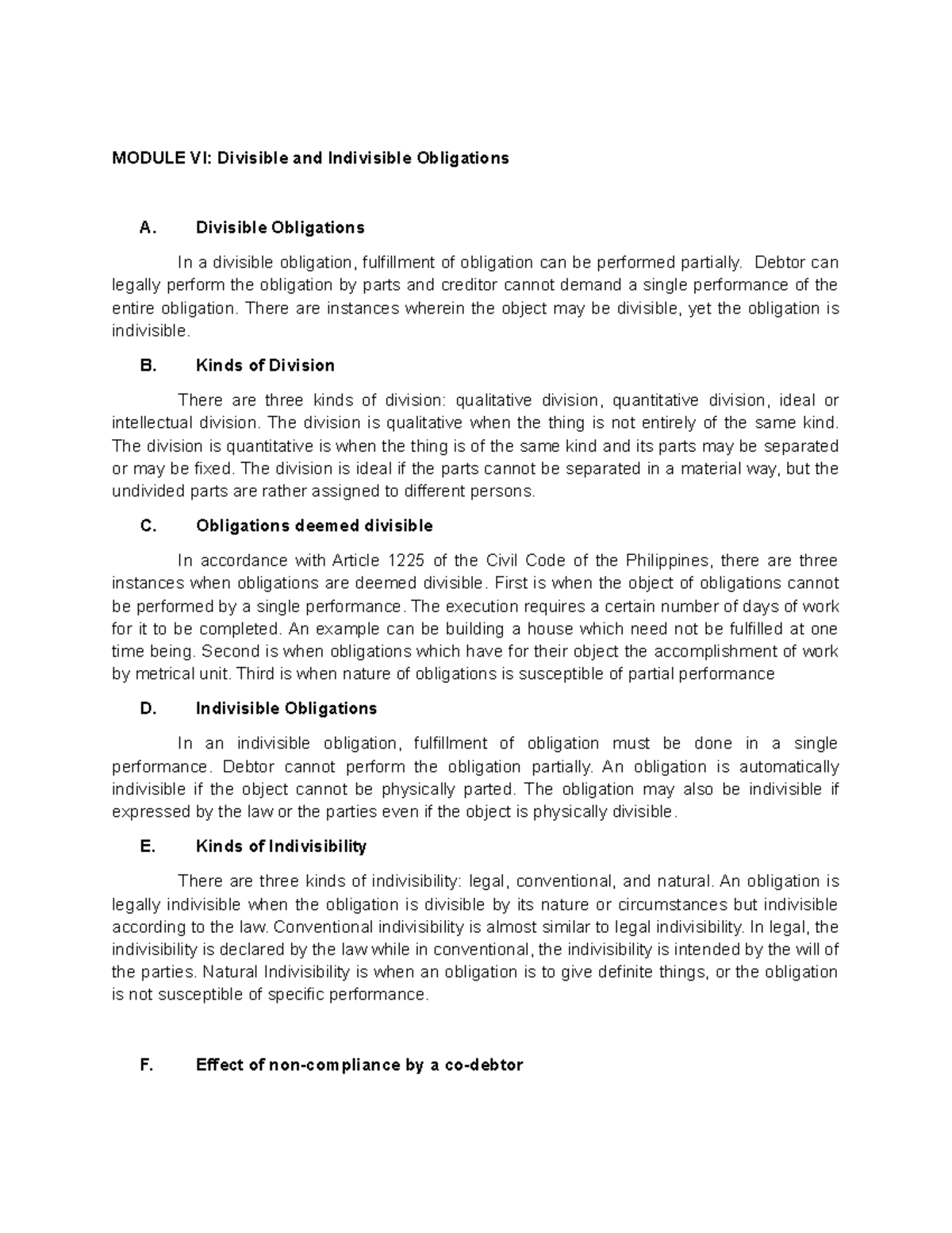 Activity 6 - Obligations and Contracts - MODULE VI: Divisible and ...