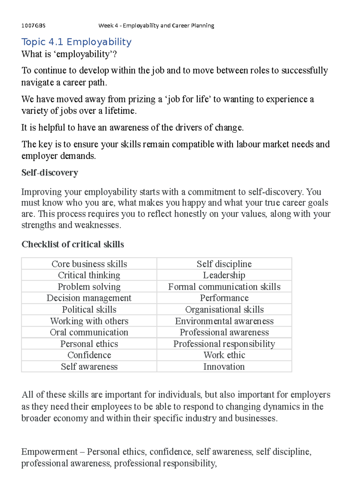 1007GBS - Week 4 - Employability, critical skills, career planning and ...