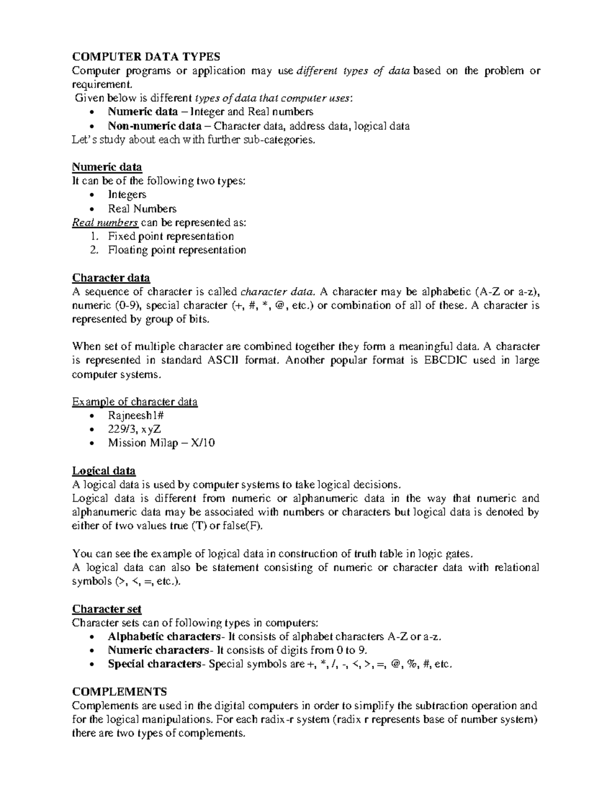 6CS4-04 CAO UNIT 1 - Computer science and technology - COMPUTER DATA TYPES Computer programs or ...