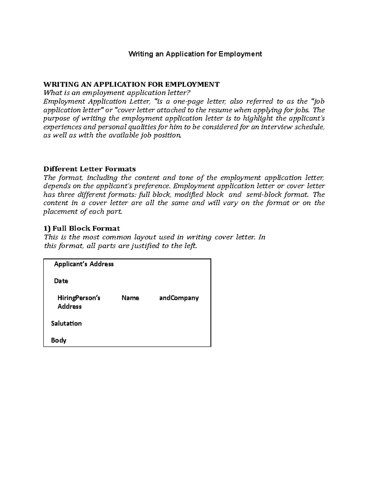 Chapter 9 - Writing an Application for Employment - Applicant’s Address ...