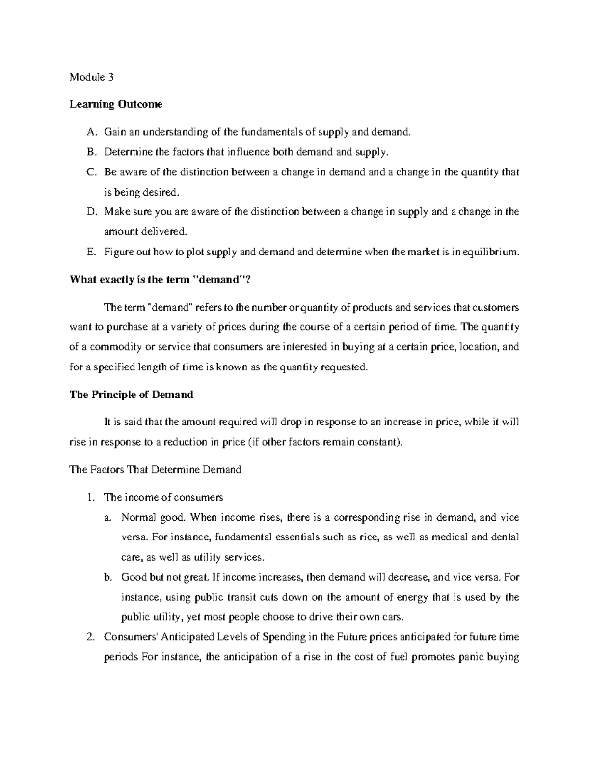 Module 3- Supply and Demand - Module 3 Learning Outcome A. Gain an ...
