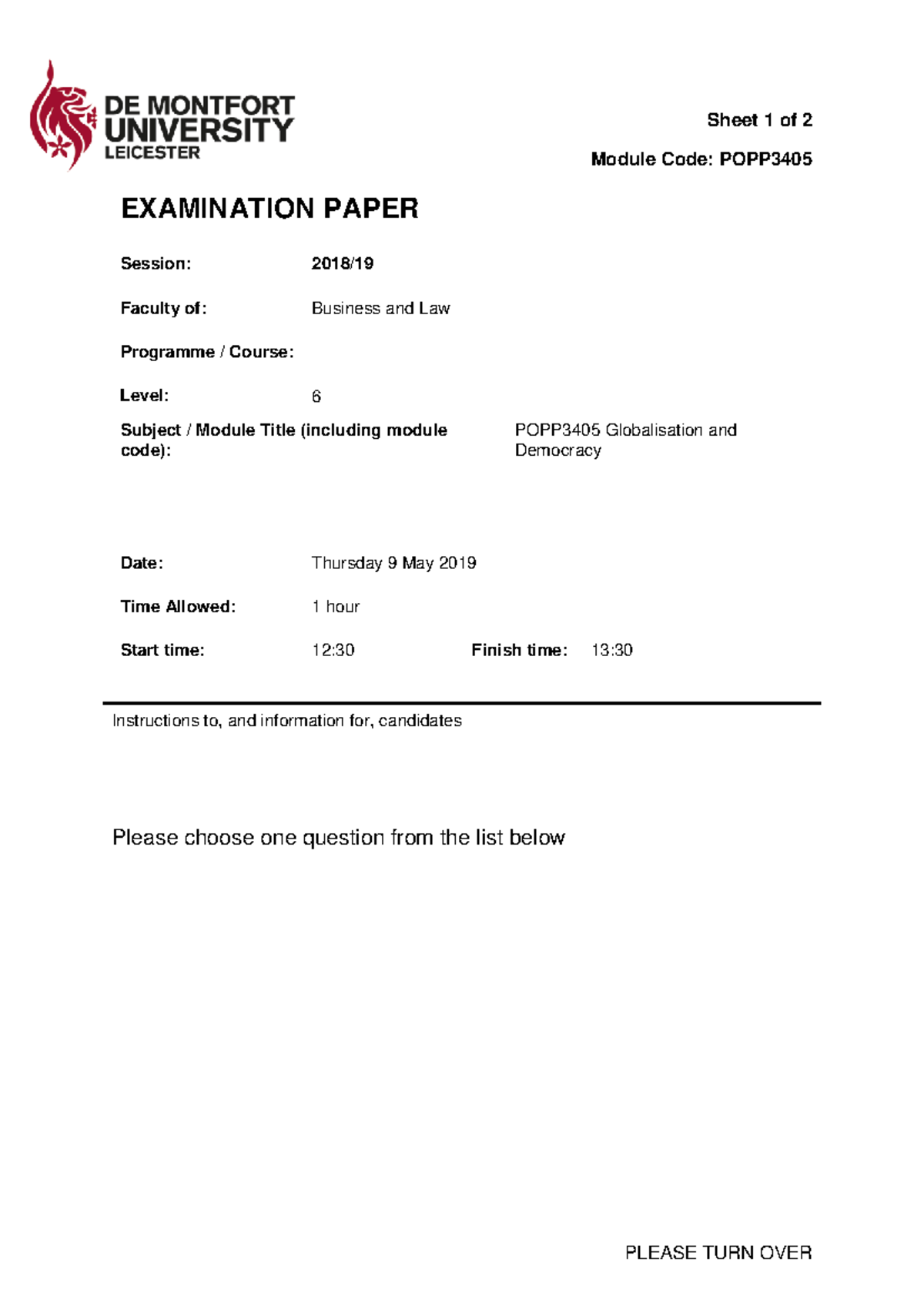 POPP3405 2019 Exam - Sheet 1 of 2 Module Code: POPP PLEASE TURN OVER ...