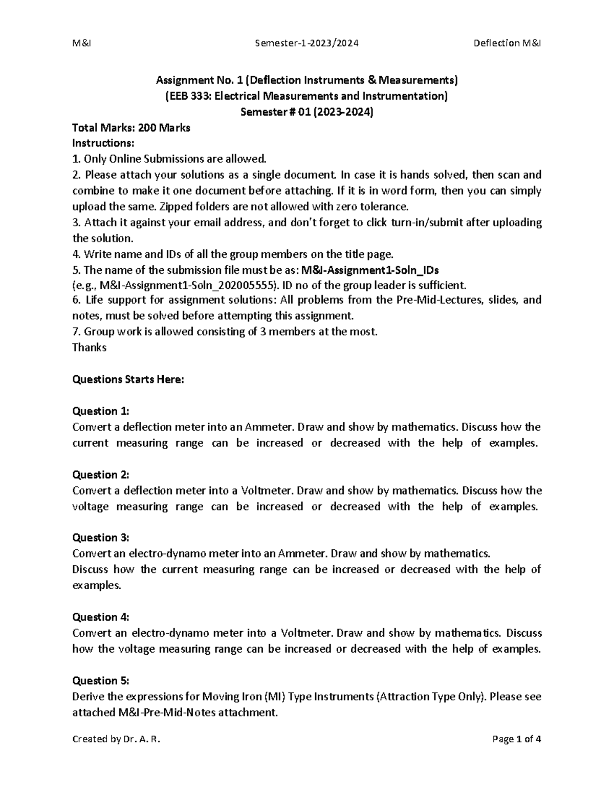 M&I-Assignment-1 2023-2024 Qs - Assignment No. 1 (Deflection Instruments & Measurements) (EEB ...