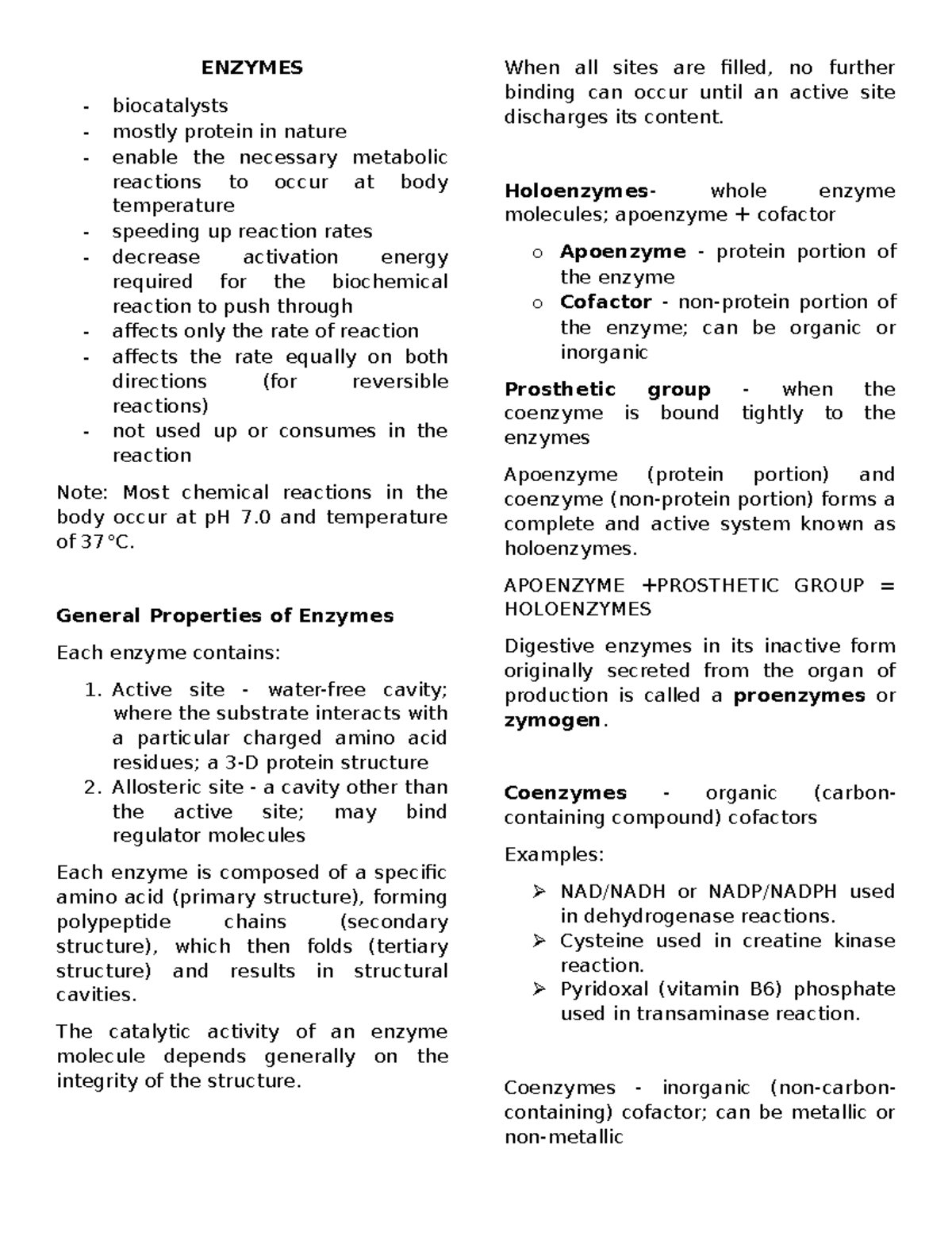Introduction to Enzymes - ENZYMES biocatalysts mostly protein in nature enable the necessary ...