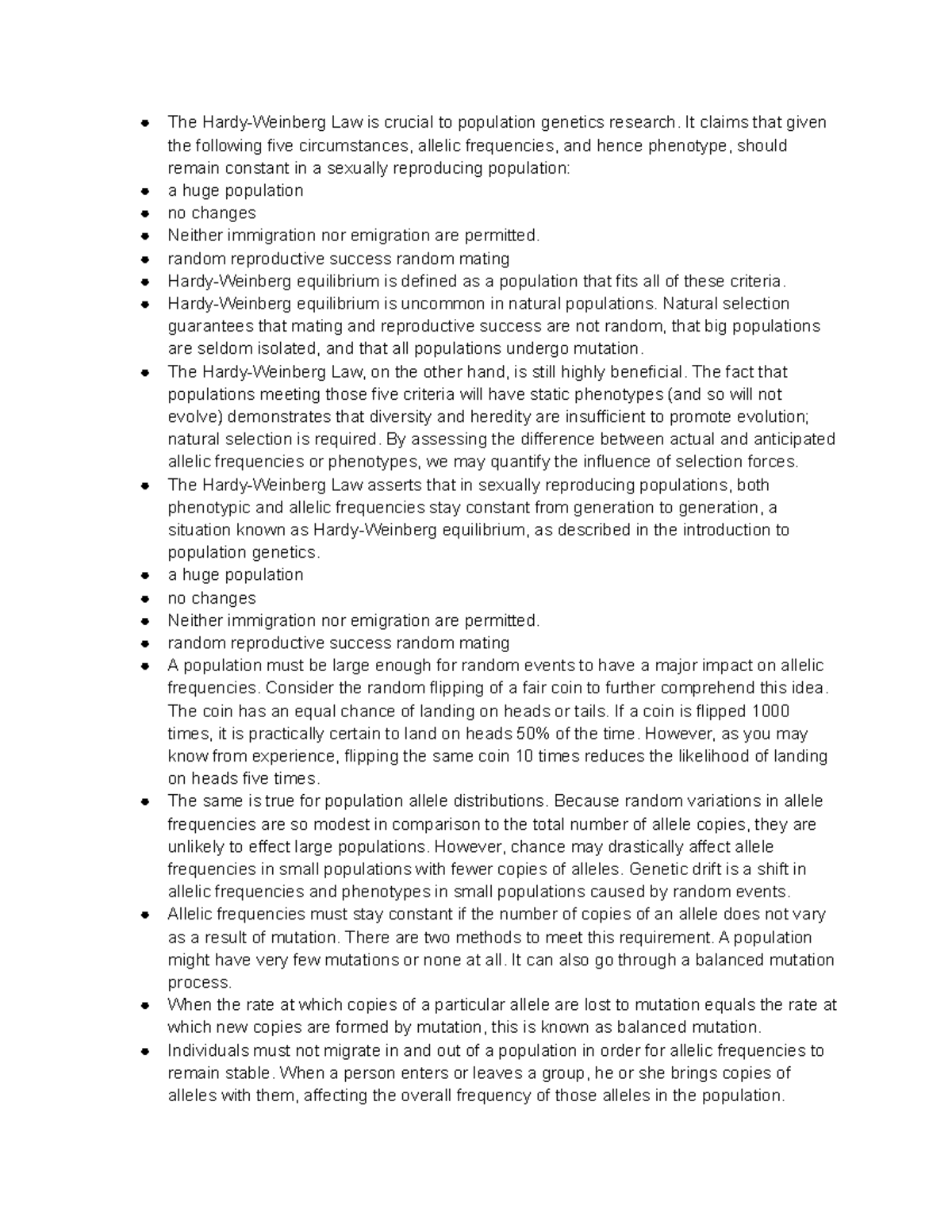 Population genetics - notes - The Hardy-Weinberg Law is crucial to ...